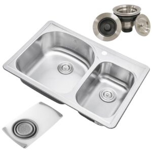 cozyblock 33 x 22 x 8 inch 70/30 offset top-mount/drop-in stainless steel double bowl kitchen sink with strainer and protective bottom grid - 18 gauge stainless steel-1 faucet hole