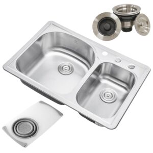 cozyblock 33 x 22 x 8 inch 70/30 offset top-mount/drop-in stainless steel double bowl kitchen sink with strainer and protective bottom grid - 18 gauge stainless steel-3 faucet hole