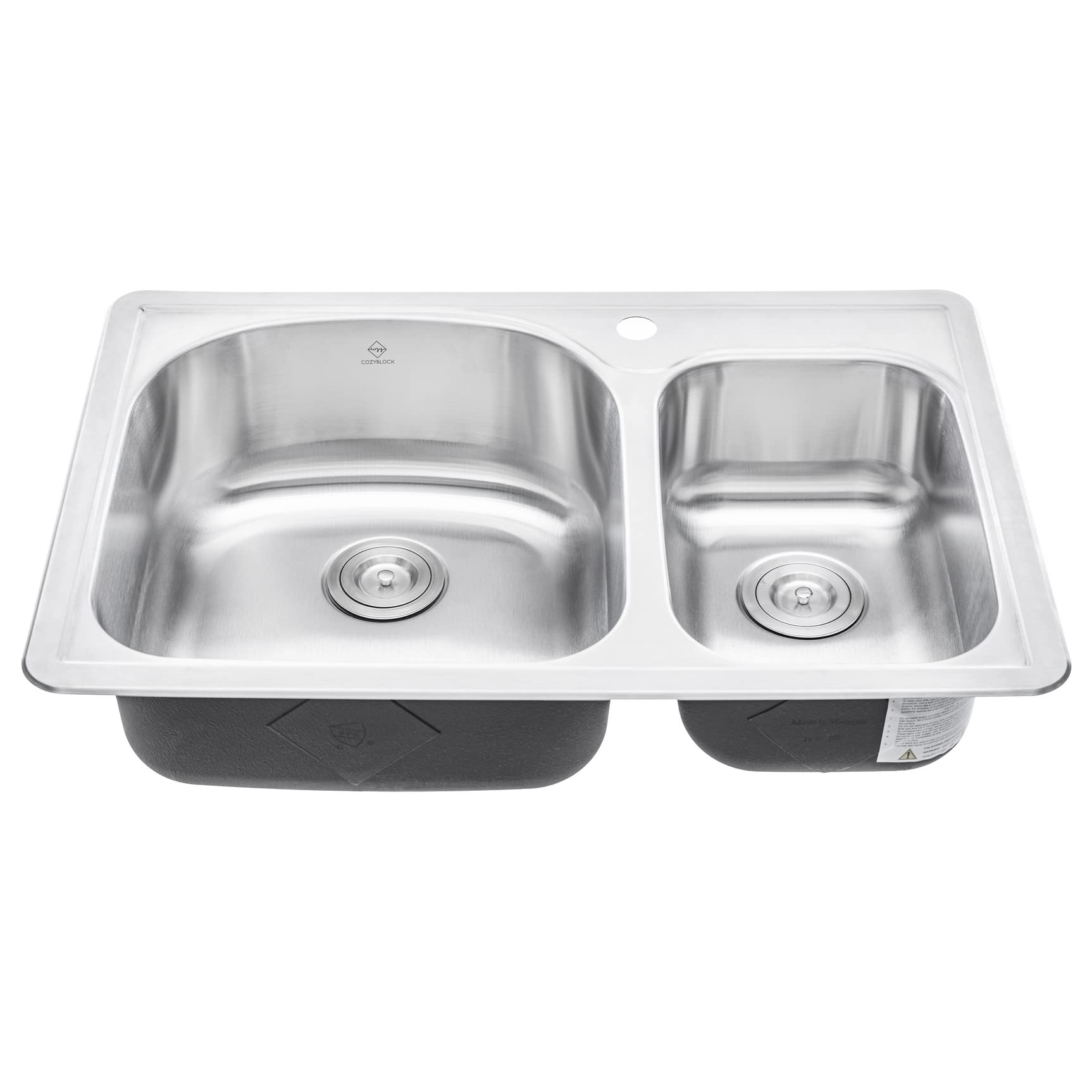 CozyBlock 33 x 22 x 8 Inch 70/30 Offset Top-mount/Drop-in Stainless Steel Double Bowl Kitchen Sink with Strainer and Protective Bottom Grid - 18 Gauge Stainless Steel-1 Faucet Hole