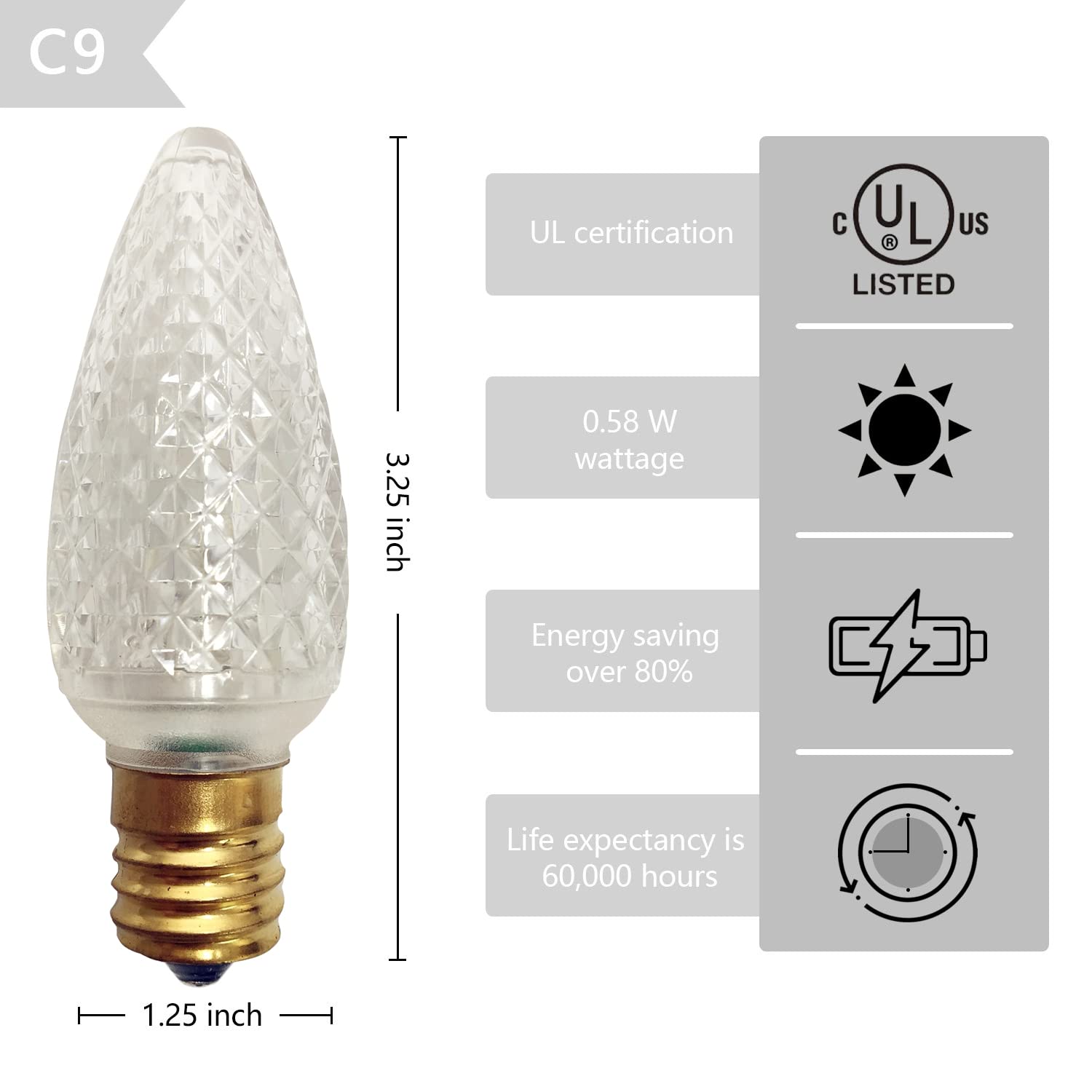 Minleon UL Listed Box of 25 C9 Led Replacement Bulbs,3 SMD LEDs in Each C9 Dimmable Lights Bulb for Outdoor Christmas String Lights,Full Waterproof and Break Resistant(Sun Warm White)