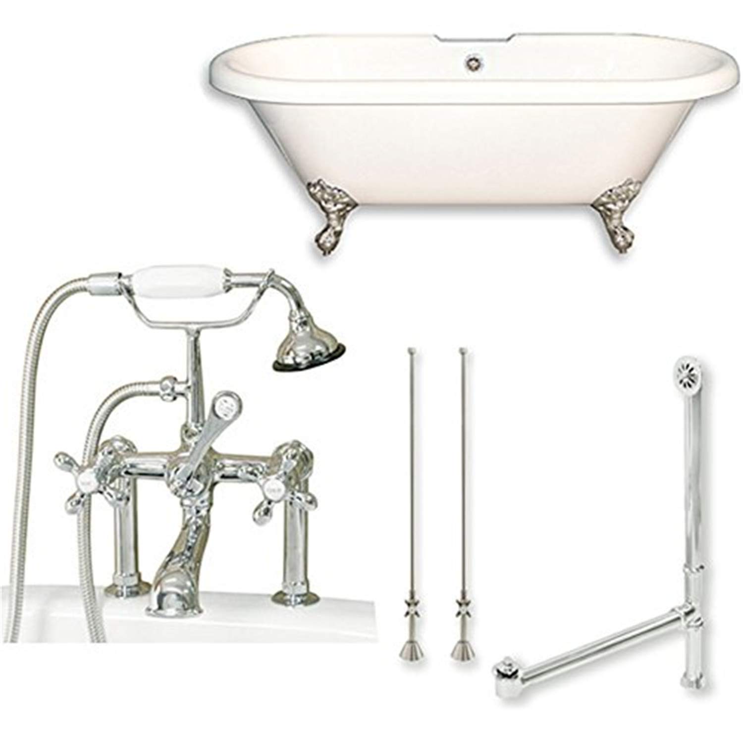 Cambridge Plumbing ADE60-463D-6-PKG-BN-7DH Acrylic Double Ended Claw Foot Bathtub, 60" x 30"