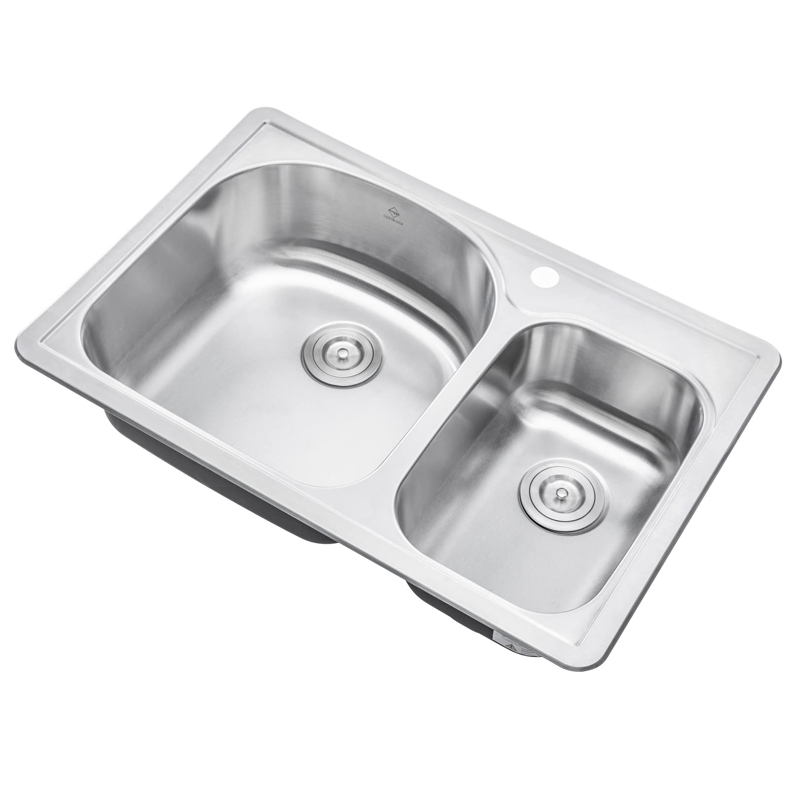 CozyBlock 33 x 22 x 8 Inch 70/30 Offset Top-mount/Drop-in Stainless Steel Double Bowl Kitchen Sink with Strainer and Protective Bottom Grid - 18 Gauge Stainless Steel-1 Faucet Hole