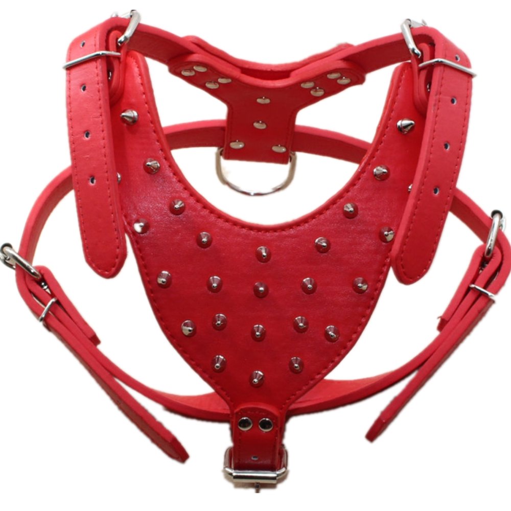 haoyueer Leather Spiked Studded Medium & Large Dog Collars, Harnesses & Leashes 3Pcs Matching Set for Pit Bull,Mastiff, Boxer, Bull Terrier(Red,L)