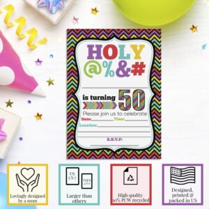 HOLY @% 50th Birthday Party Invitations, 20 Funny 5x7 Fill In Cards with Twenty White Envelopes for Milestone Birthdays by AmandaCreation