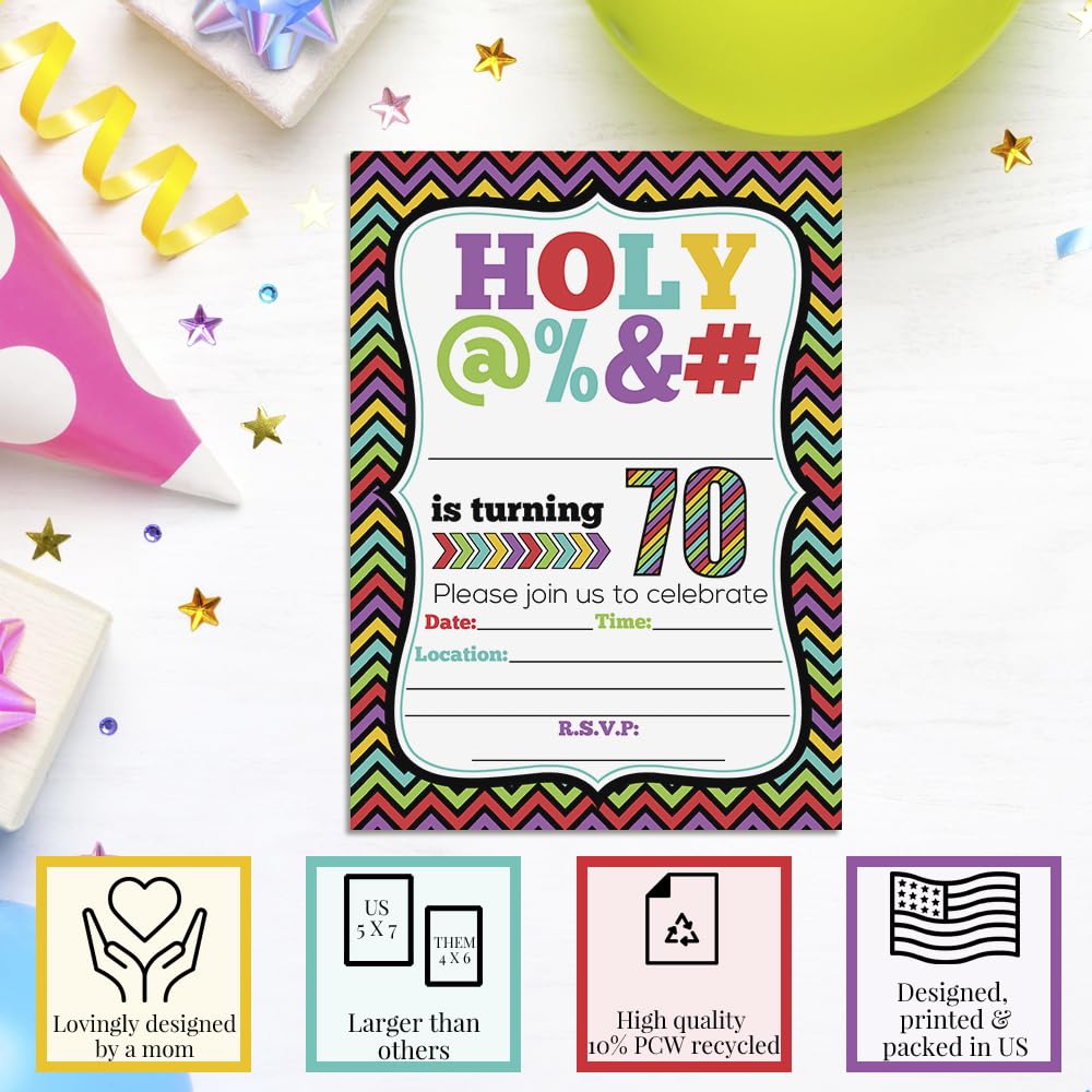 HOLY @% 70th Birthday Party Invitations, 20 Funny 5x7 Fill In Cards with Twenty White Envelopes for Milestone Birthdays by AmandaCreation