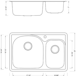 CozyBlock 33 x 22 x 8 Inch 70/30 Offset Top-mount/Drop-in Stainless Steel Double Bowl Kitchen Sink with Strainer and Protective Bottom Grid - 18 Gauge Stainless Steel-1 Faucet Hole