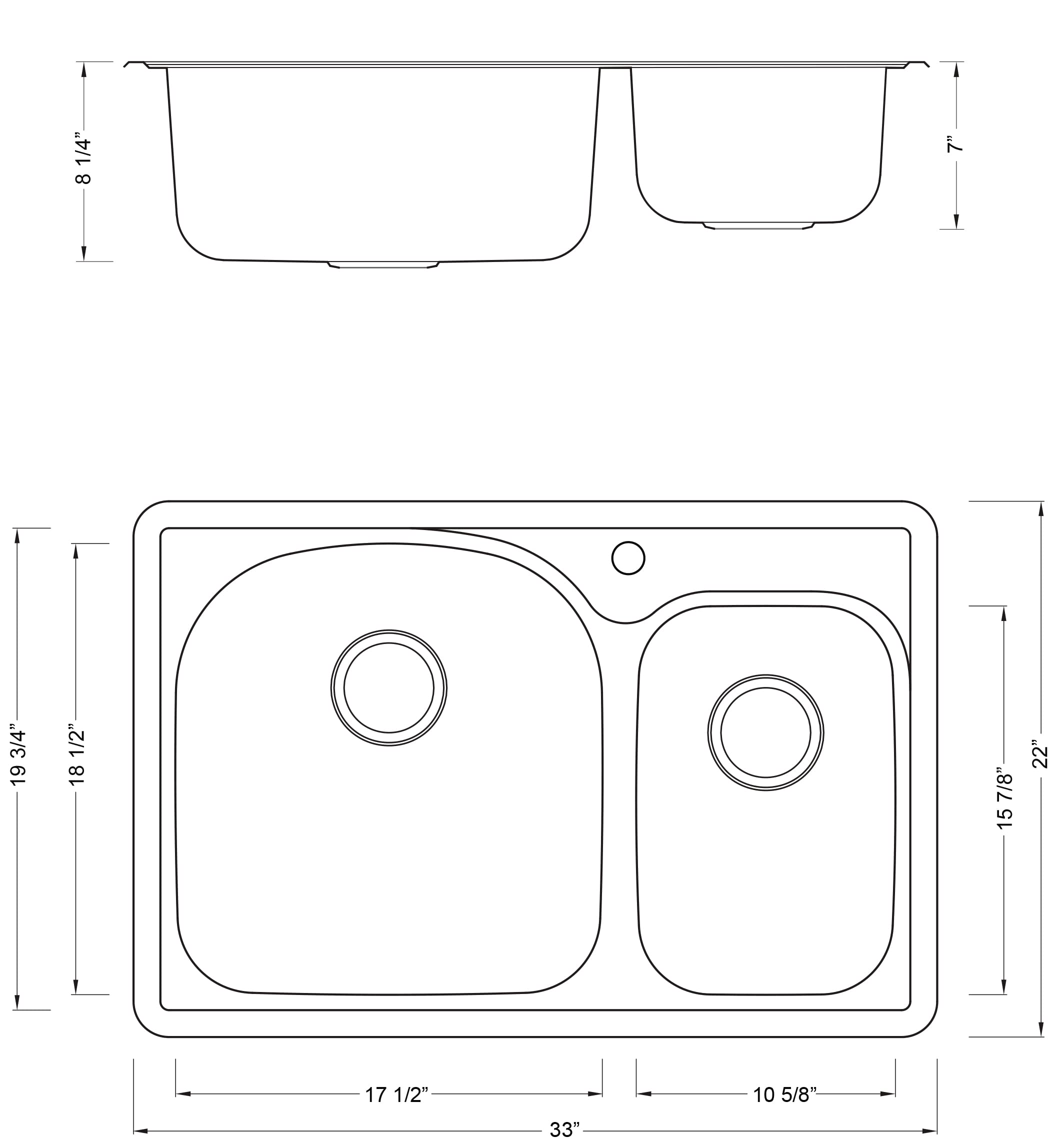 CozyBlock 33 x 22 x 8 Inch 70/30 Offset Top-mount/Drop-in Stainless Steel Double Bowl Kitchen Sink with Strainer and Protective Bottom Grid - 18 Gauge Stainless Steel-1 Faucet Hole