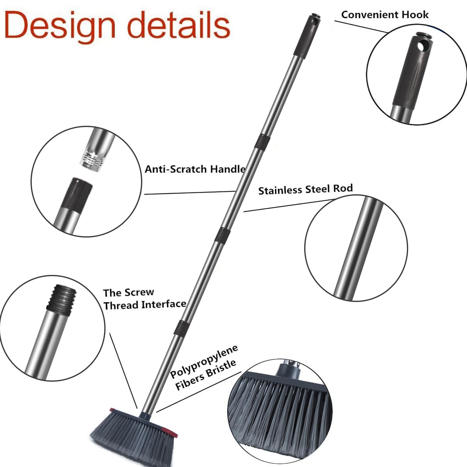 Soft Sweeping Broom, MEIBEI Multi-Surface Kitchen Broom with Stainless Steel Long Handle-57, Soft Dusting Brush Ideal for Cleaning Home, Garage, Store and Office