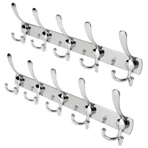 joshnese wall mount coat hooks,5 tri hooks heavy duty stainless steel hook rail for coat hat towel robes mudroom bathroom entryway（2 pack,silver