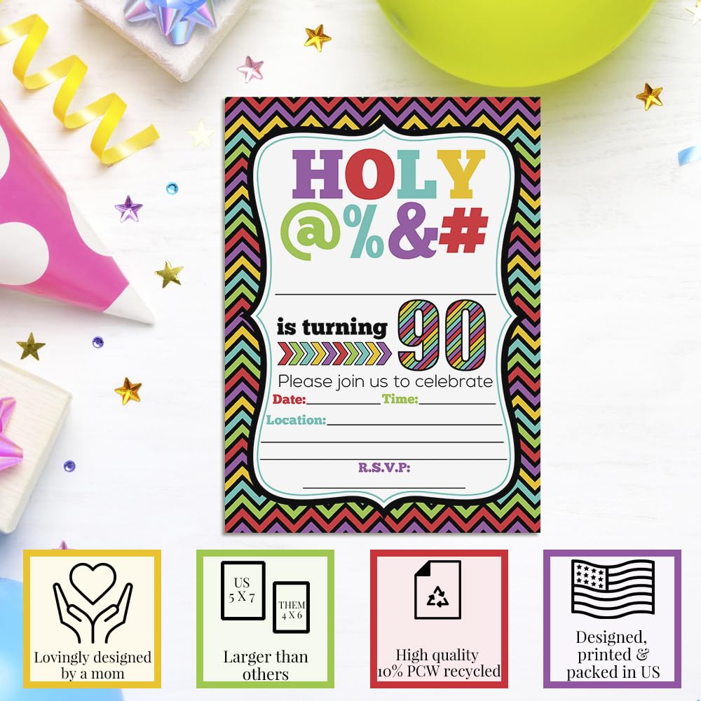 HOLY @% 90th Birthday Party Invitations, 20 Funny 5x7 Fill In Cards with Twenty White Envelopes for Milestone Birthdays by AmandaCreation