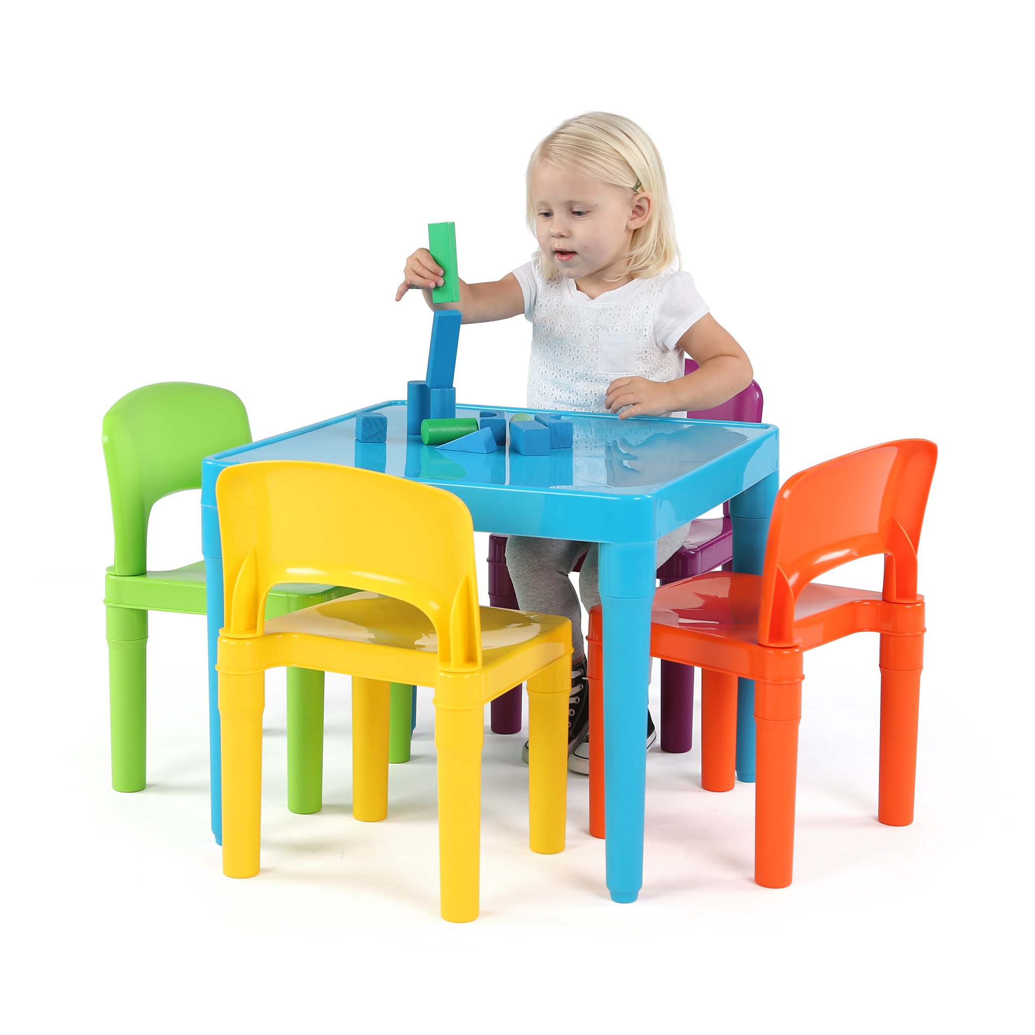 Humble Crew, Blue Table & Red/Green/Yellow/Purple Kids Lightweight Plastic Table and 4 Chairs Set, Square