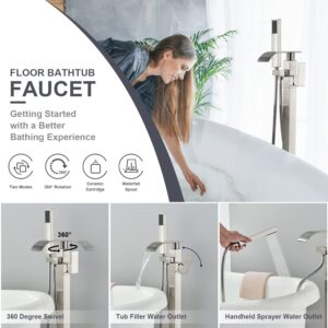 Senlesen Stainless Steel Bathroom Free Standing Tub Filler Faucet Brushed Nickel Freestanding Bathtub Faucets with Handheld Shower Mixer Taps