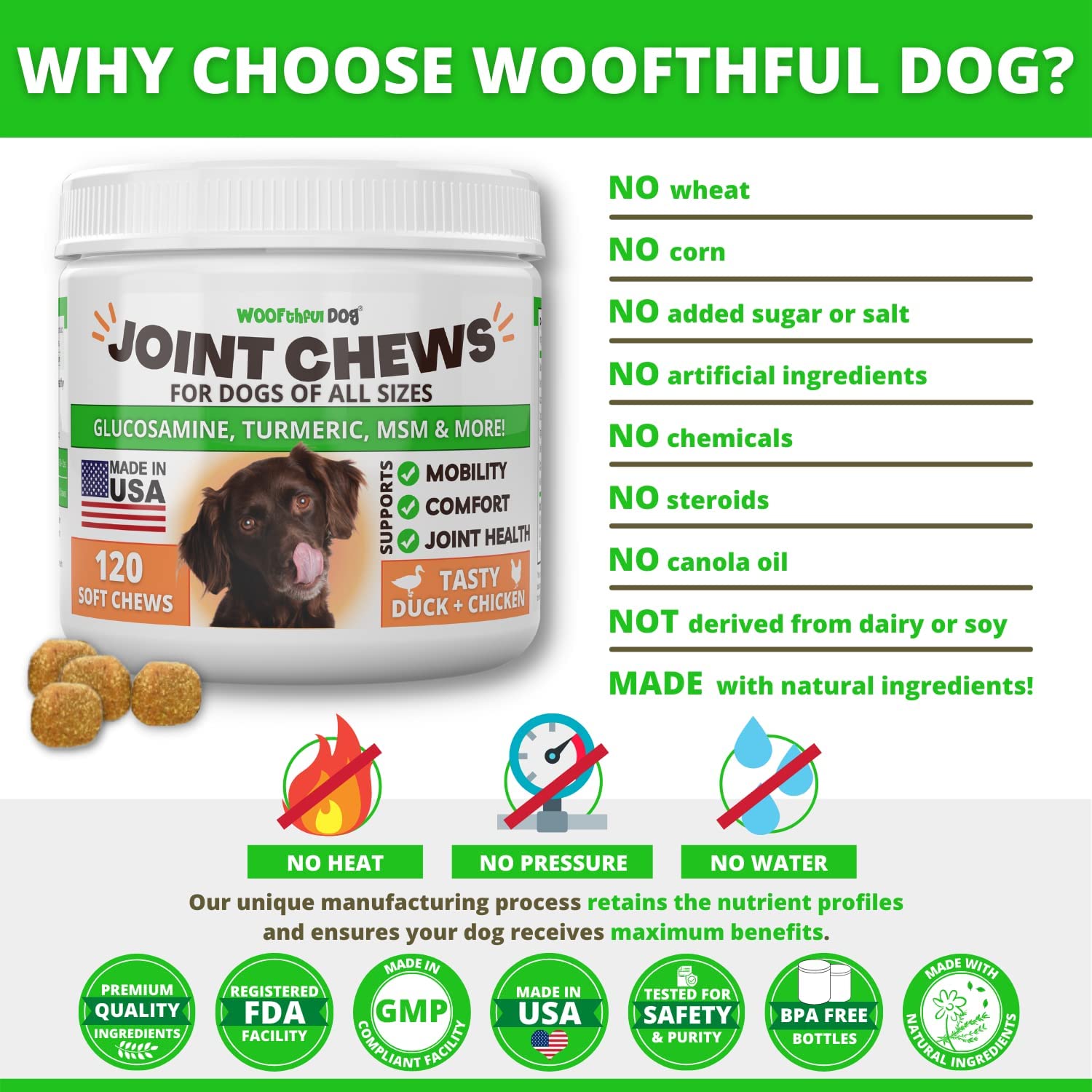 WOOFthful Dog Glucosamine Chondroitin for Dogs with Organic Turmeric and MSM - Premium Joint Supplement for Dogs - Supports Pain Relief, Mobility and Joint Function - Made in USA