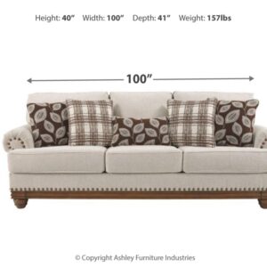 Signature Design by Ashley Harleson Modern Farmhouse Sofa with Nailhead Trim and 5 Accent Pillows, Beige