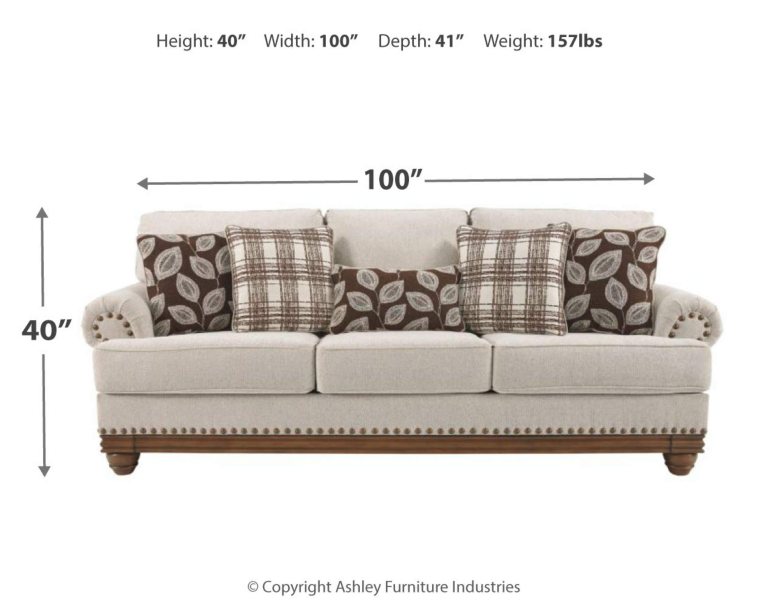 Signature Design by Ashley Harleson Modern Farmhouse Sofa with Nailhead Trim and 5 Accent Pillows, Beige