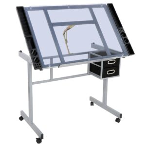 lemy drafting table adjustable tilting tabletop, artist drawing desk with slide storage drawers and wheels, art craft station for home office