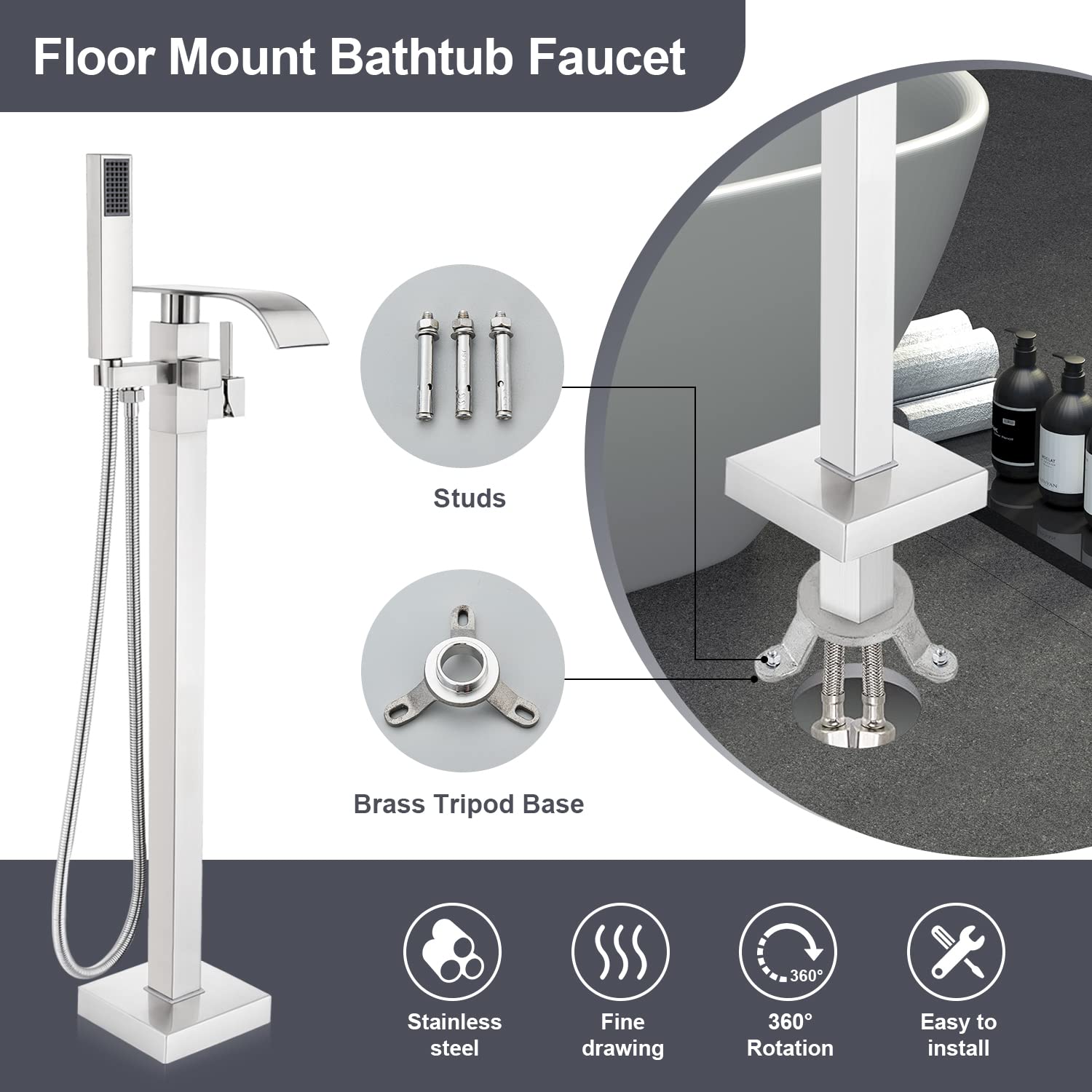 Senlesen Stainless Steel Bathroom Free Standing Tub Filler Faucet Brushed Nickel Freestanding Bathtub Faucets with Handheld Shower Mixer Taps