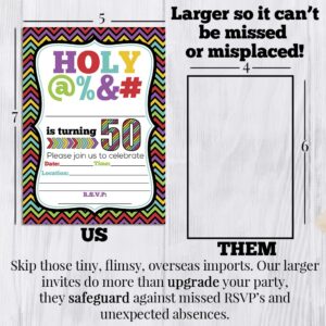 HOLY @% 50th Birthday Party Invitations, 20 Funny 5x7 Fill In Cards with Twenty White Envelopes for Milestone Birthdays by AmandaCreation