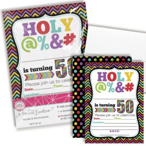 holy @% 50th birthday party invitations, 20 funny 5x7 fill in cards with twenty white envelopes for milestone birthdays by amandacreation