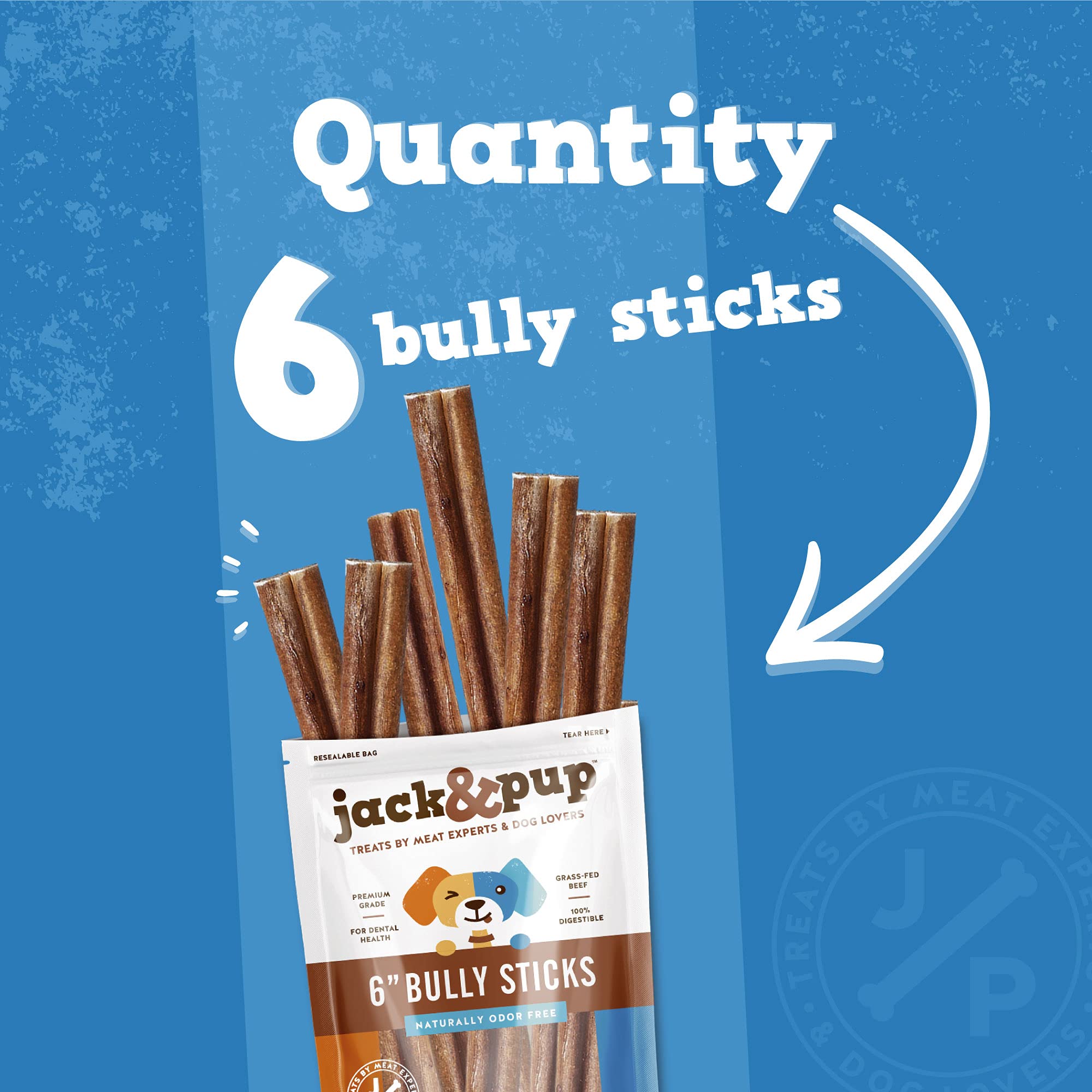 Jack&Pup 6" Bully Sticks for Dogs | Jumbo Odor Free Bully Sticks for Large Dogs | All Natural Beef Pizzle Sticks (Jumbo, 6 Pack)