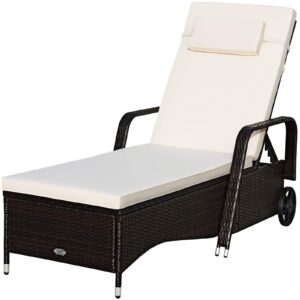 tangkula patio chaise with wheels, 6 positions adjustable outdoor lounger chair with steel frame, mix brown weaving rattan, cushion and head pillow, suitable for poolside, balcony and garden