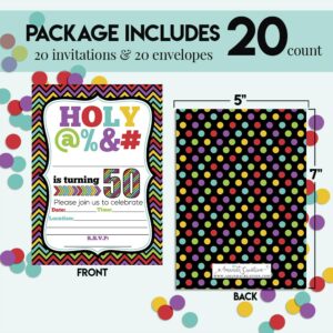 HOLY @% 50th Birthday Party Invitations, 20 Funny 5x7 Fill In Cards with Twenty White Envelopes for Milestone Birthdays by AmandaCreation