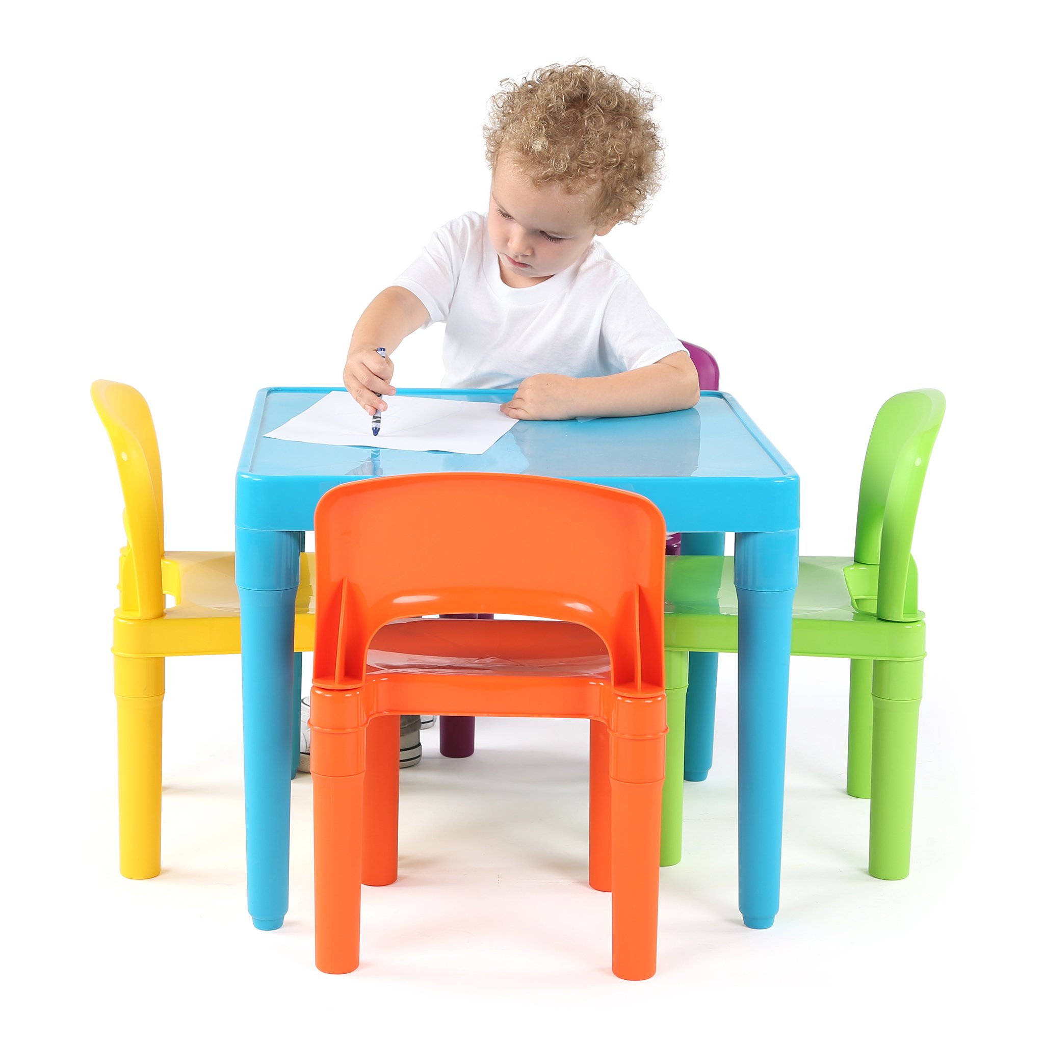 Humble Crew, Blue Table & Red/Green/Yellow/Purple Kids Lightweight Plastic Table and 4 Chairs Set, Square