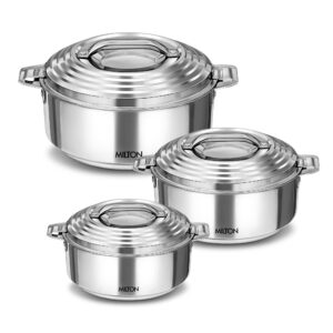 Milton Thermosteel Galaxia Insulated Hotpot Casseroles, Set of 3, Stainless Steel (1000ml, 1500ml, 2500ml)