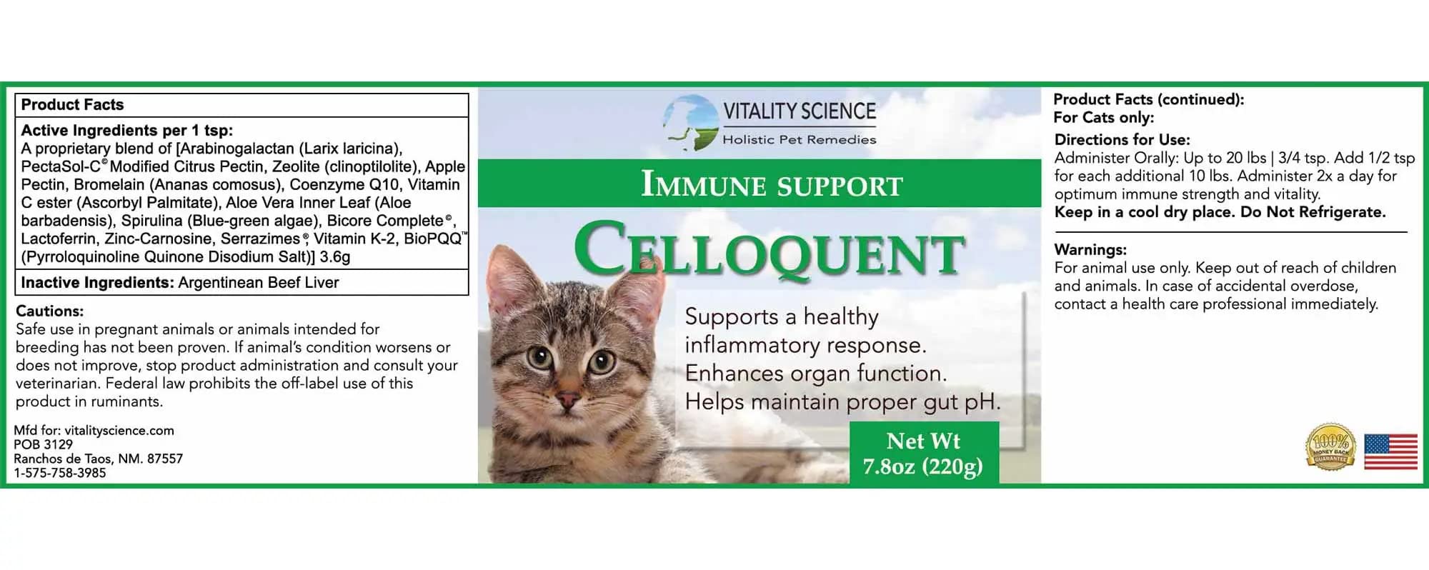 Vitality Science Celloquent for Cats | Enhanced Immune Support Formula | Maintains Proper Gut pH | Boosts Organ Function | Aids Detoxification and Healthy Inflammatory Response (120g)