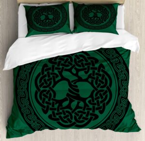 ambesonne celtic duvet cover set, monochrome tree of life illustration timeless european motif, decorative 3 piece bedding set with 2 pillow shams, king size, forest green black