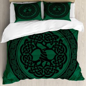 Ambesonne Celtic Duvet Cover Set, Monochrome Tree of Life Illustration Timeless European Motif, Decorative 3 Piece Bedding Set with 2 Pillow Shams, King Size, Forest Green Black