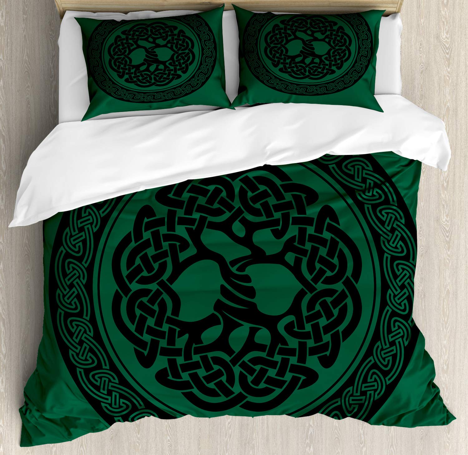 Ambesonne Celtic Duvet Cover Set, Monochrome Tree of Life Illustration Timeless European Motif, Decorative 3 Piece Bedding Set with 2 Pillow Shams, King Size, Forest Green Black