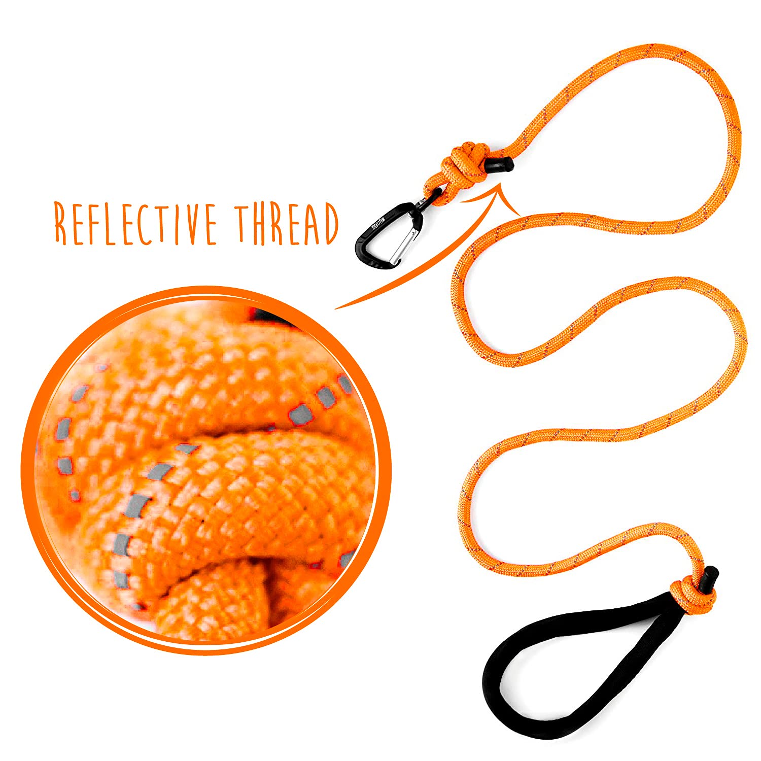 Mighty Paw Rope Dog Leash - Durable Climbing Lead - Reflective Stitching - Comfort Handle - Suitable for All Pet Sizes - Heavy Duty Dog Leash with Carabiner - Long Dog Leash - (6 Feet, Orange)