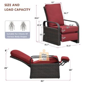 Outdoor Recliner, Outdoor Resin Wicker Patio Recliner Chair with Cushions, Patio Furniture Auto Adjustable Rattan Sofa, UV/Fade/Water/Sweat/Rust Protected, Easy to Assemble (Red)