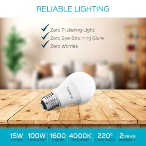 Luxrite A19 LED Light Bulb 100W Equivalent, 4000K Cool White Non-Dimmable, 1600 Lumens, Standard LED Bulb 15W, E26 Medium Base, UL Listed, Perfect for Table Lamps and Home Lighting (6 Pack)