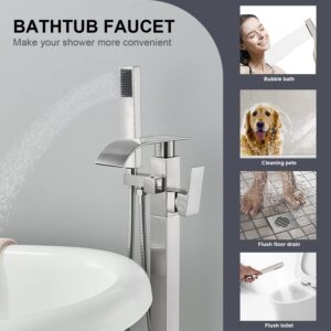 Senlesen Stainless Steel Bathroom Free Standing Tub Filler Faucet Brushed Nickel Freestanding Bathtub Faucets with Handheld Shower Mixer Taps