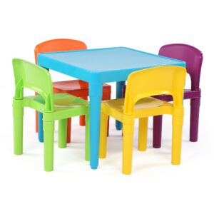 humble crew, blue table & red/green/yellow/purple kids lightweight plastic table and 4 chairs set, square