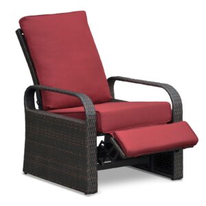 Outdoor Recliner, Outdoor Resin Wicker Patio Recliner Chair with Cushions, Patio Furniture Auto Adjustable Rattan Sofa, UV/Fade/Water/Sweat/Rust Protected, Easy to Assemble (Red)