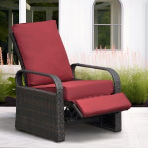 outdoor recliner, outdoor resin wicker patio recliner chair with cushions, patio furniture auto adjustable rattan sofa, uv/fade/water/sweat/rust protected, easy to assemble (red)