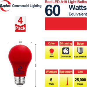 Explux Commercial Lighting Dimmable LED A19 Red Light Bulbs, 60W Equivalent, Direct LED Color Emission, 25000 Hours, 4-Pack