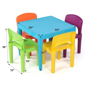 Humble Crew, Blue Table & Red/Green/Yellow/Purple Kids Lightweight Plastic Table and 4 Chairs Set, Square