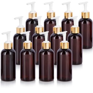 (12 pack) 4 oz amber boston round pet plastic bottles with gold lotion pump