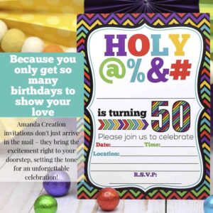 HOLY @% 50th Birthday Party Invitations, 20 Funny 5x7 Fill In Cards with Twenty White Envelopes for Milestone Birthdays by AmandaCreation