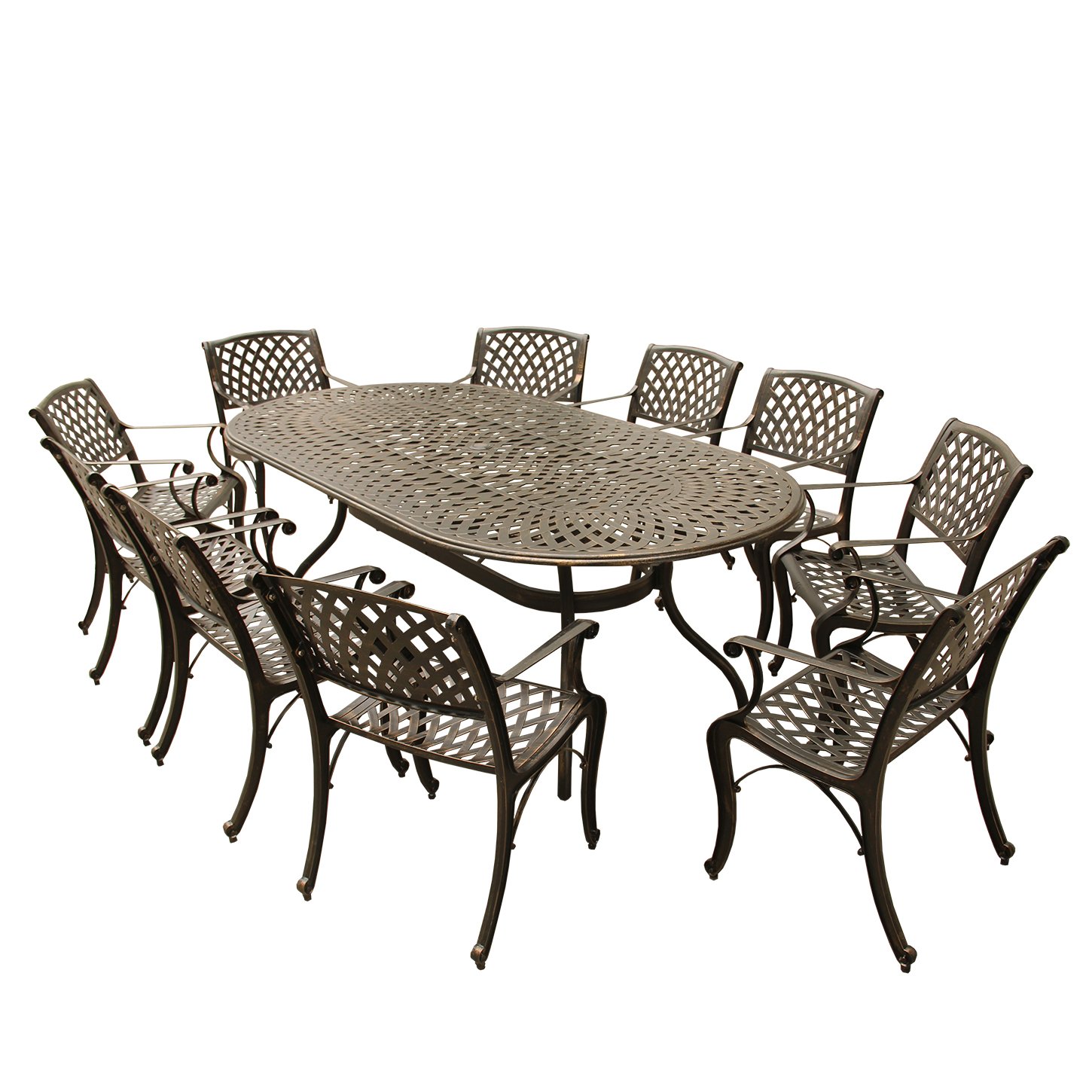 Oakland Living Contemporary Modern Mesh Lattice 95 inch Bronze Oval Ten Chairs Outdoor Aluminum Patio Dining Set, Large