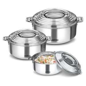 milton thermosteel galaxia insulated hotpot casseroles, set of 3, stainless steel (1000ml, 1500ml, 2500ml)