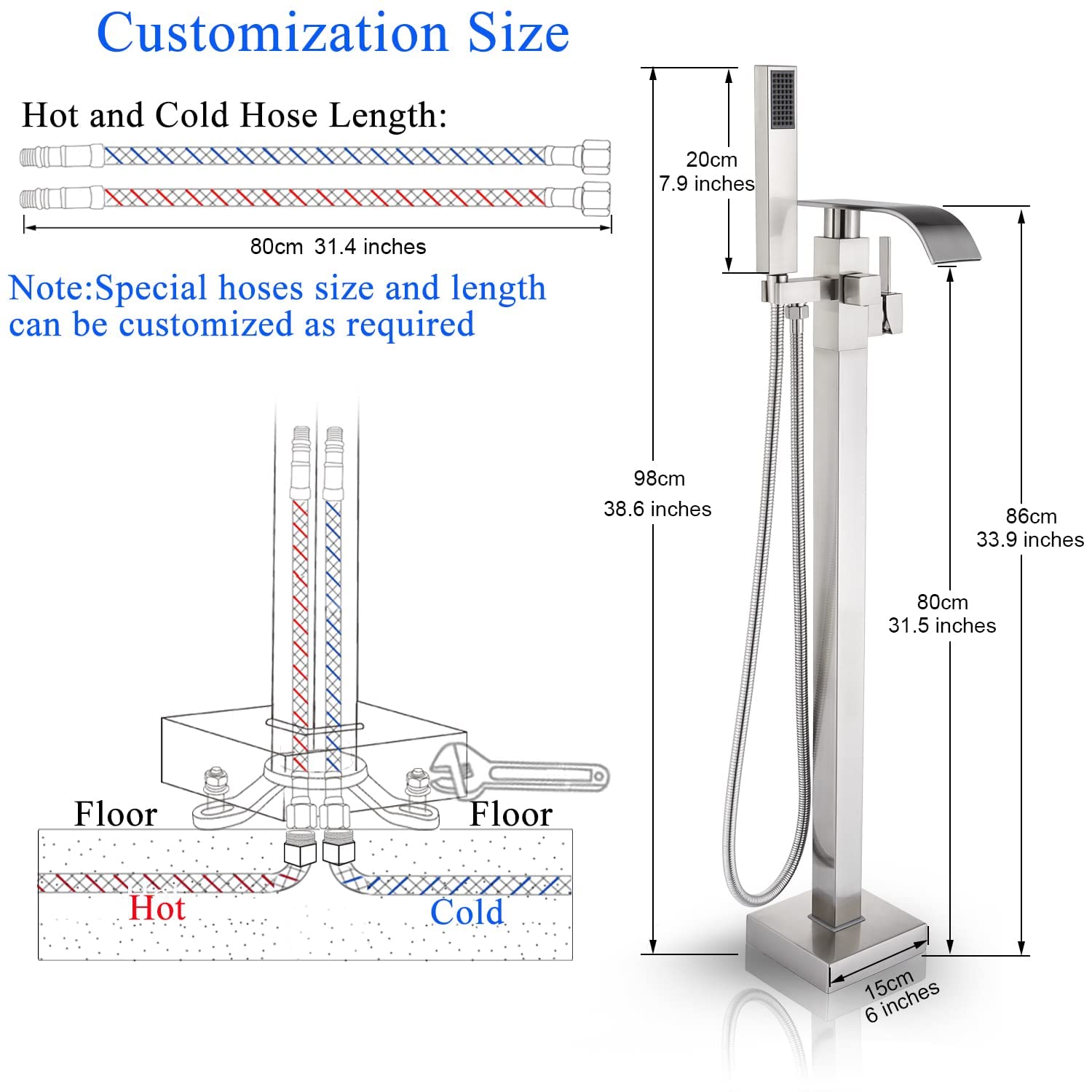 Senlesen Stainless Steel Bathroom Free Standing Tub Filler Faucet Brushed Nickel Freestanding Bathtub Faucets with Handheld Shower Mixer Taps