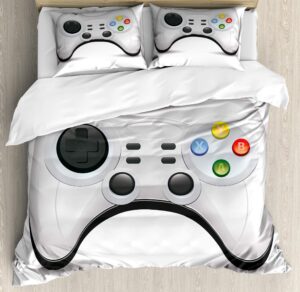 lunarable gamer duvet cover set, modern gamepad with colorful action buttons with joysticks and d-pad, decorative 3 piece bedding set with 2 pillow shams, queen size, charcoal grey pale grey