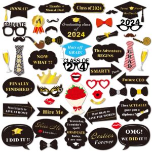 graduation photo booth props (50count), konsait large graduation photo props class of 2024 grad decor with sticks for kids boy girl, black and gold, for graduation party favors supplies decorations