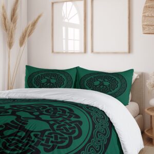 Ambesonne Celtic Duvet Cover Set, Monochrome Tree of Life Illustration Timeless European Motif, Decorative 3 Piece Bedding Set with 2 Pillow Shams, King Size, Forest Green Black