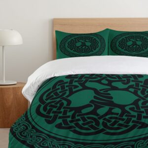 Ambesonne Celtic Duvet Cover Set, Monochrome Tree of Life Illustration Timeless European Motif, Decorative 3 Piece Bedding Set with 2 Pillow Shams, King Size, Forest Green Black